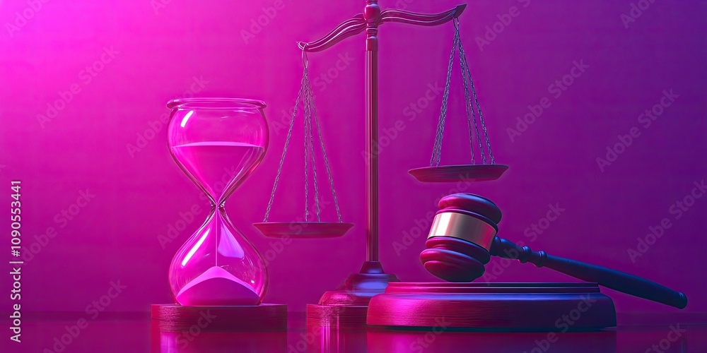 Pink neon hourglass, scales, and a wooden judge gavel create a striking ...