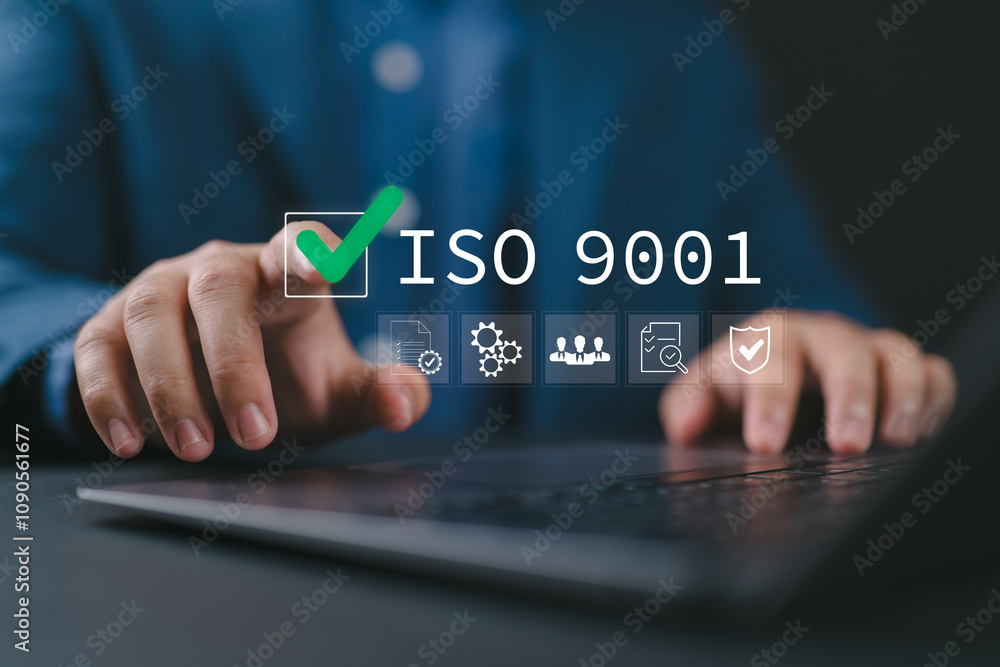 ISO 9001 Certification Concept. Businessman points to ISO 9001 with ...