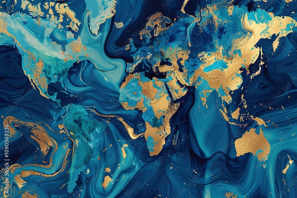 seamless pattern flat illustration style, world map Luxury gold and ...
