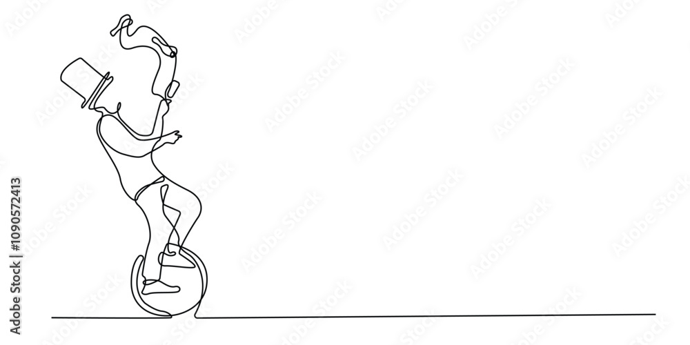 continuous line drawing of circus man with unicycle and juggling pin ...