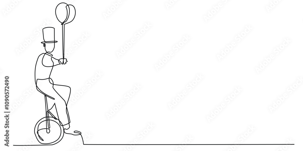 continuous line drawing of circus man on a unicycle.one line drawing of ...