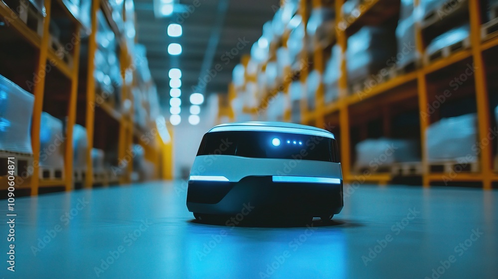 Modern Autonomous Delivery Robot Navigating Through a High-Tech Warehouse with Smooth Floors and ...