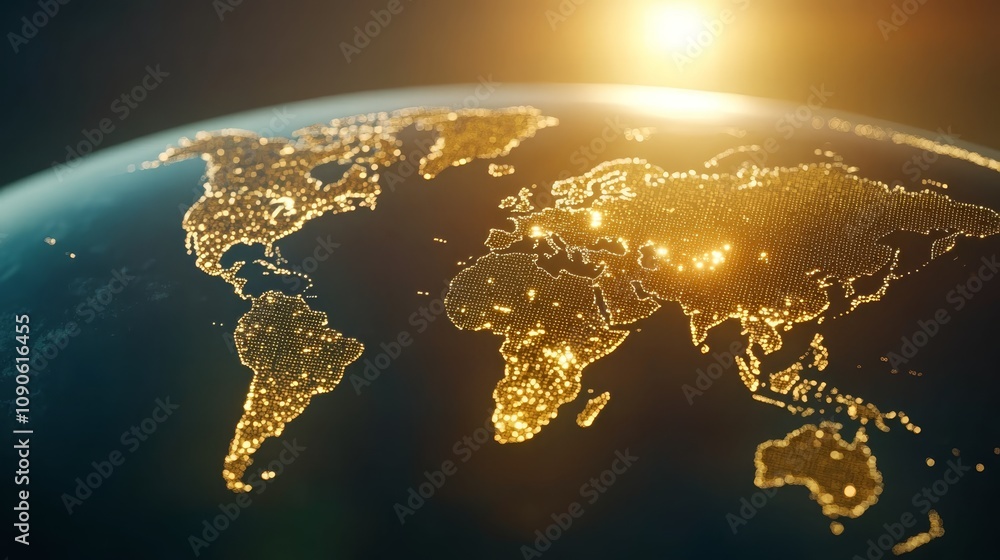 Illuminated world map, earth under the sunlight, showcasing continents ...