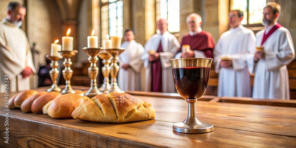 Holy Communion Chalice and Bread on Wooden Table, Candles and Priests ...