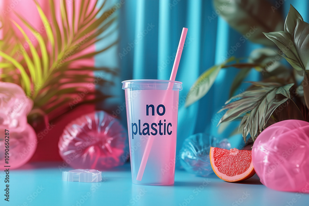 An illustration-style setup of "no plastic" symbols around a single eco ...