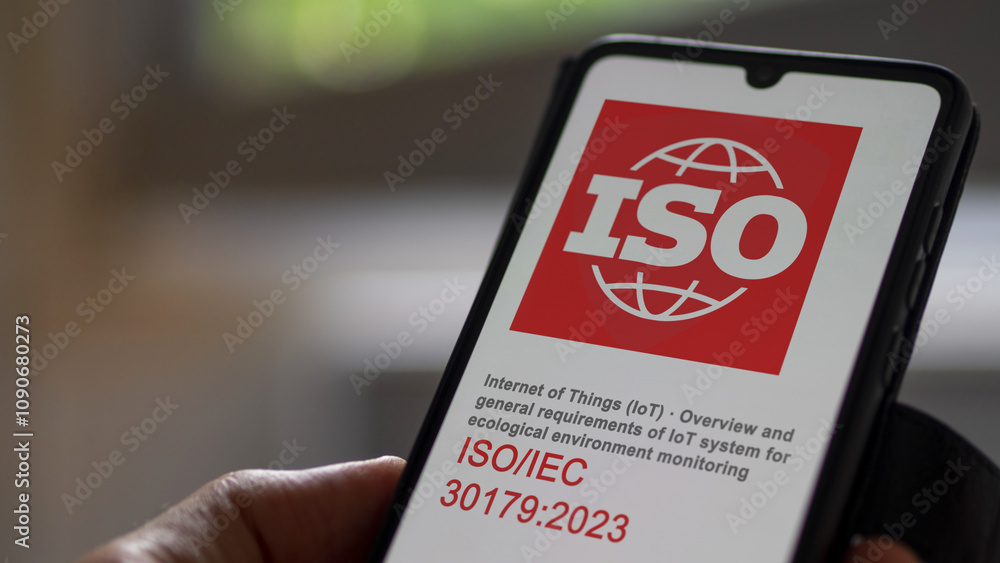 Engineer reading the ISO IEC 30179 2023 Internet of Things (IoT) guidelines and requirements of ...