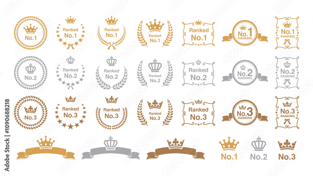 Gold, Silver, and Bronze Medals: Awards with Crown, Laurel Wreaths ...