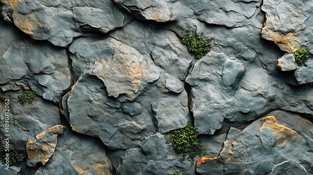 Dark gray laminated rock texture with small green plants, natural and ...