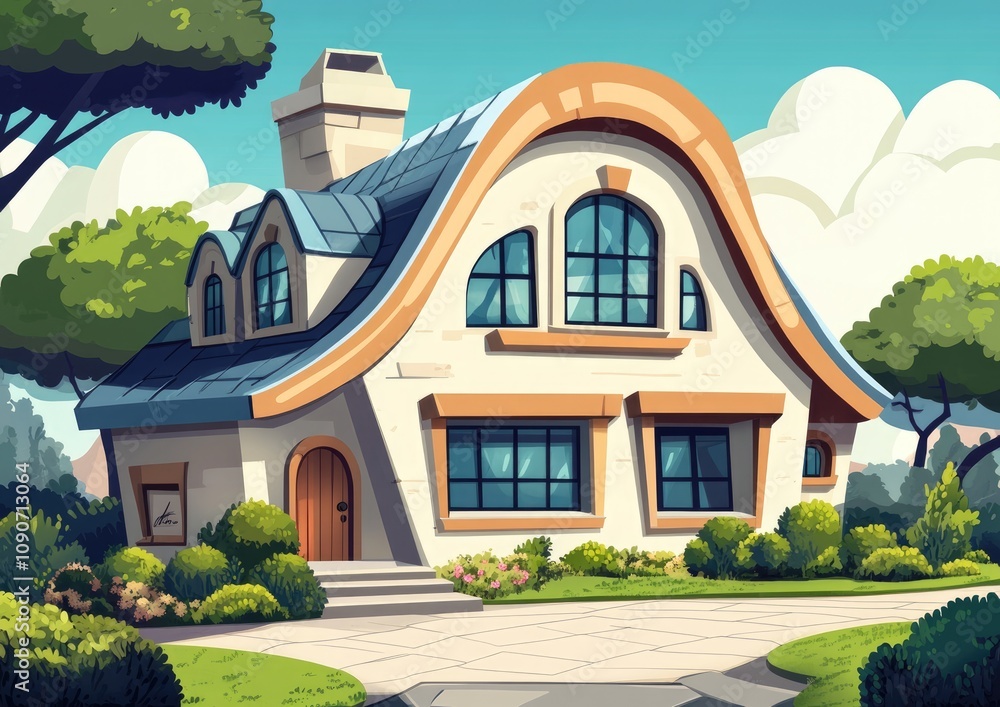 Cartoon illustration of a unique house in a 2D style showcasing ...