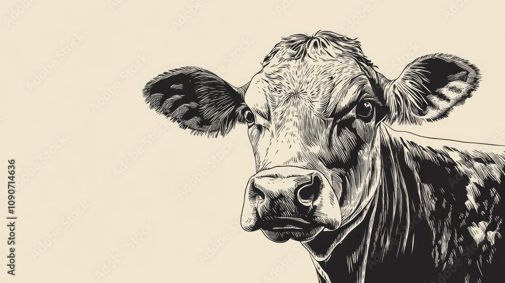 Vintage 2D cartoon illustration of a cow created with hand drawn ...