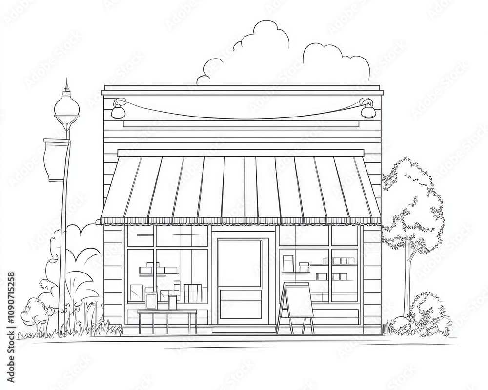Linear 2D cartoon illustration of store architecture Exterior line art ...