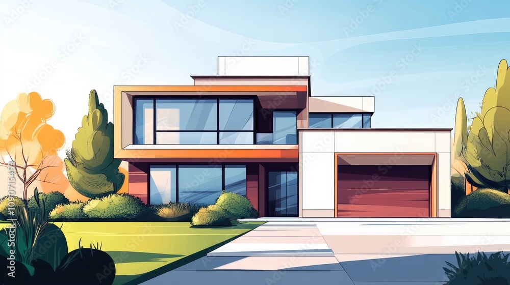 2D cartoon illustration of a modern house sketch design Stock ...