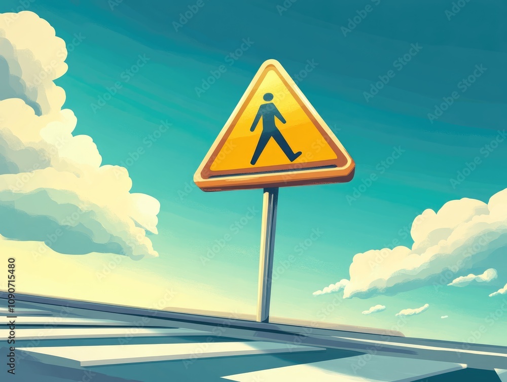 2D cartoon illustration of a road sign indicating a pedestrian crossing ...