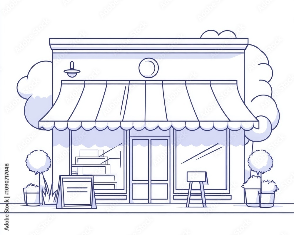 Linear 2D cartoon illustration of store architecture Exterior line art ...