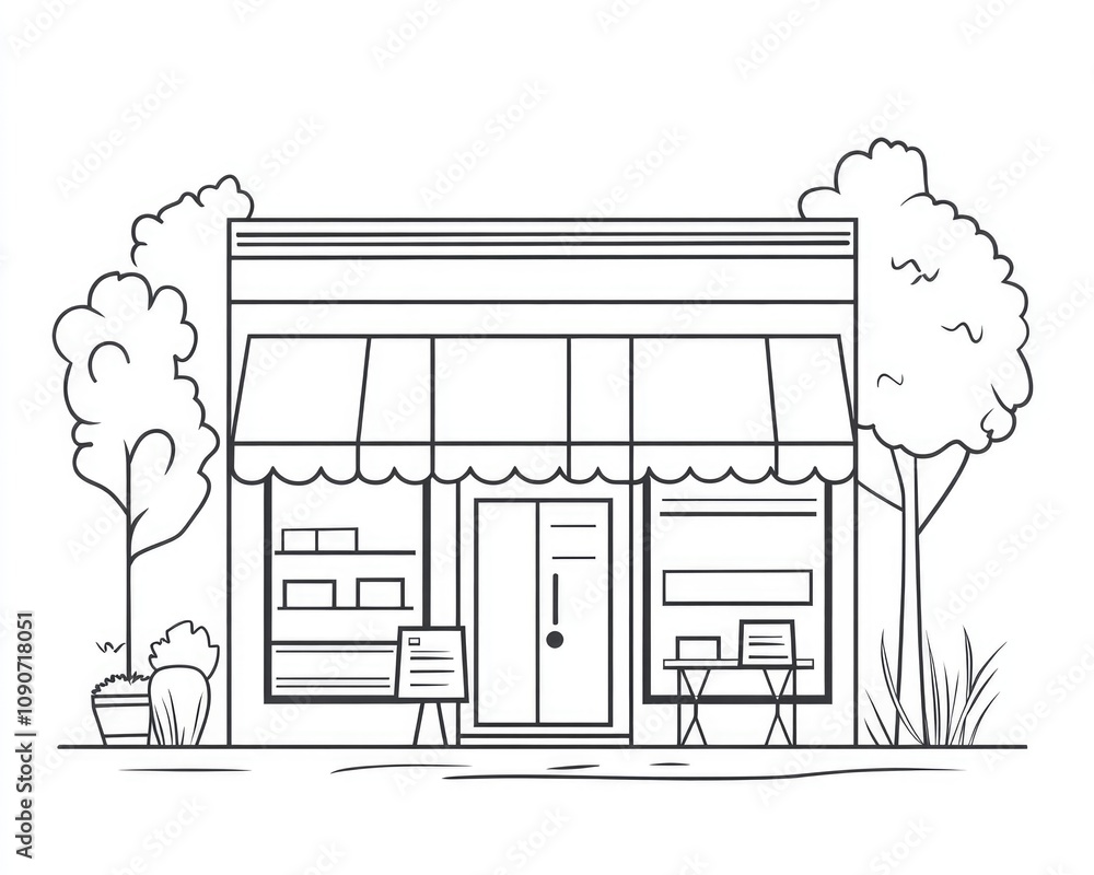 Linear 2D cartoon illustration of store architecture Exterior line art ...