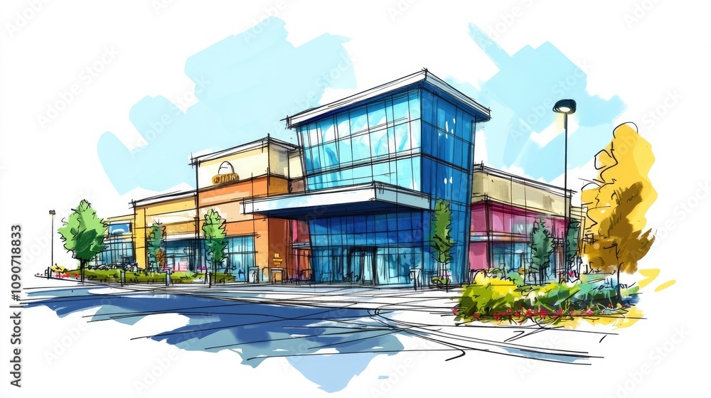 Sketch of a mall building on a white background 2D cartoon illustration ...