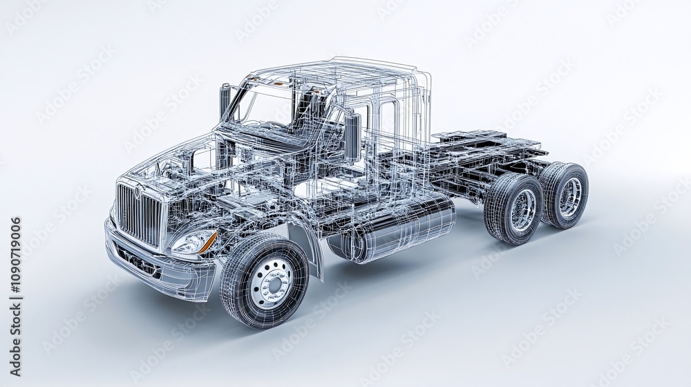 Transparent 3D model of a semi-truck chassis, showcasing its internal ...