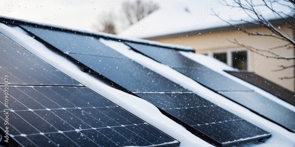 Snow falling on solar panels installed on the roof of a house in winter ...