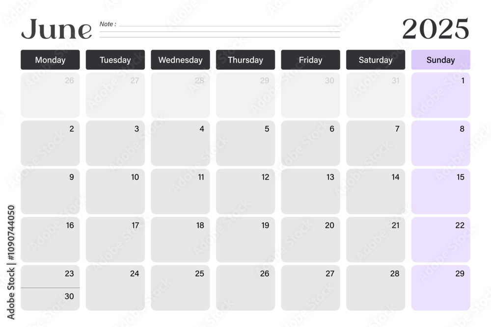 June 2025 calendar desk planner, week starts on Monday, minimal design ...