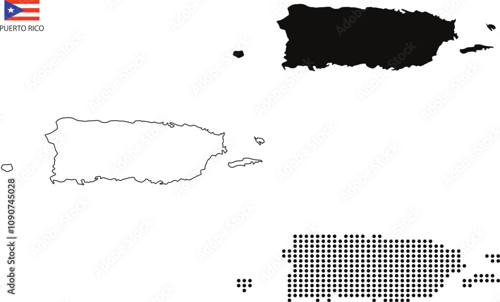 Stylized Puerto Rico Map Variations: Minimal Outline, Dotted Grid, and ...