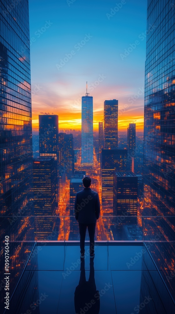 Vertical view of a skyscraper with reflective mirrors, a man leaning on ...