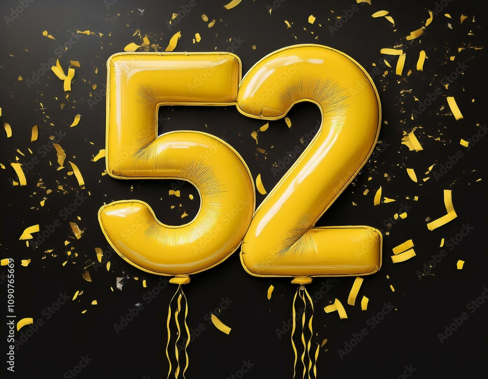 Yellow birthday / anniversary balloon, number 52, black background with ...