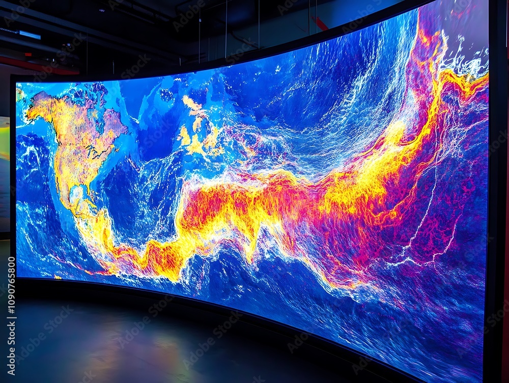 A vivid heatmap display of global ocean currents shown on a large ...