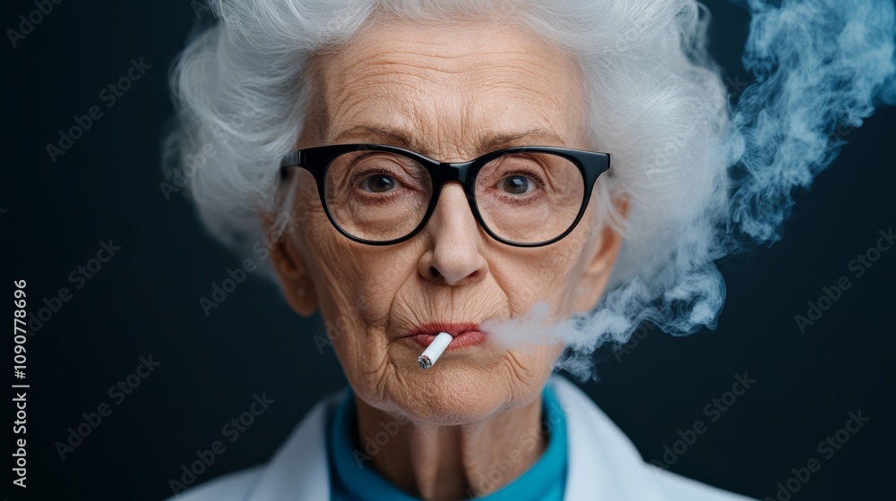An older woman with glasses is smoking a cigarette. Concept of ...