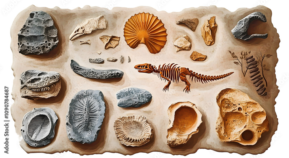 Fossil vector. Archeologic fossil dig set. Dinosaur dino foot, sea ...