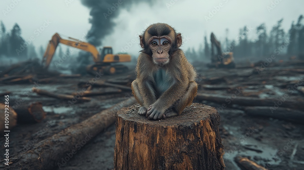 A young monkey sits pensively on a tree stump amidst a scene of ...
