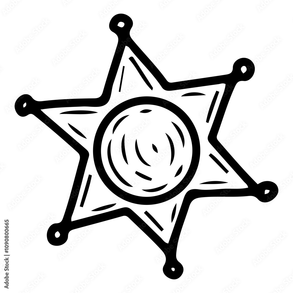 Sheriff badge hand drawn doodle. Metallic star of police chief. Retro ...