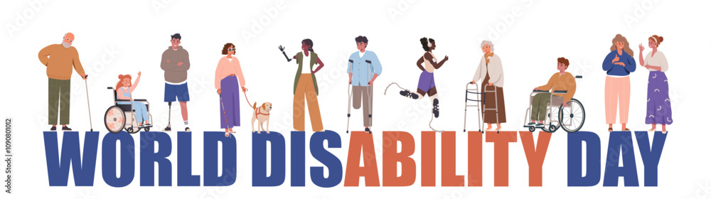 World Disability day. Happy disabled diverse people together landing ...