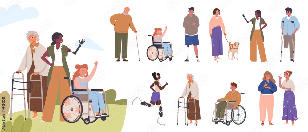 Set of disabled diversity people together. Collection inclusive people ...