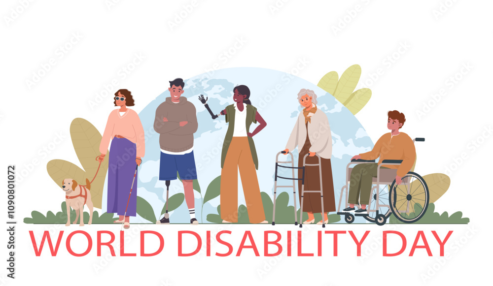 World Disability day. Happy disabled diverse people together landing ...