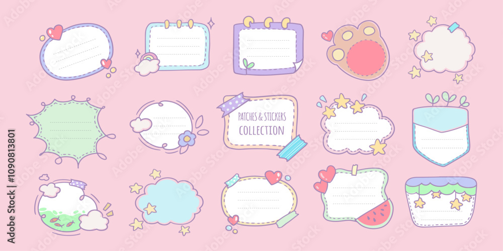 doodle kawaii memory stickers set with soft colours, template ...