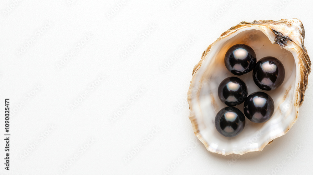 Black pearl in shell with five pearls on white background, showcasing ...