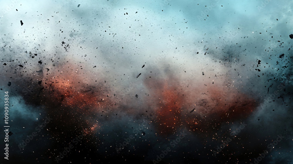 Abstract background with fire particles and sparks, smoke, debris and ...