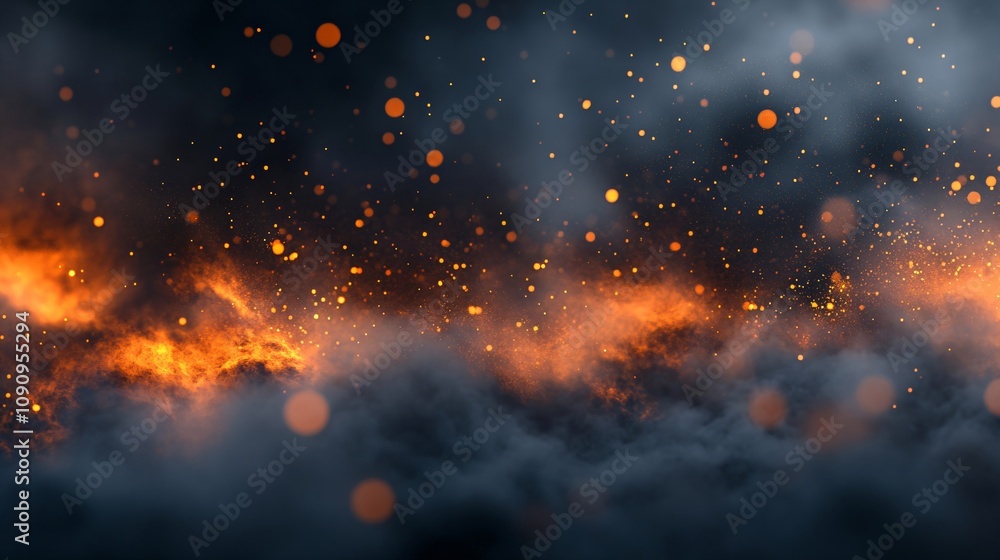 Abstract background with fire particles and sparks, smoke, debris and ...