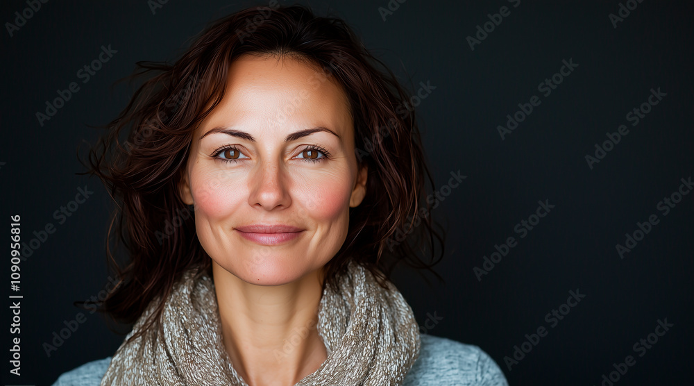 happy, studio portrait of a woman in his 30s, front mugshot, looking at ...