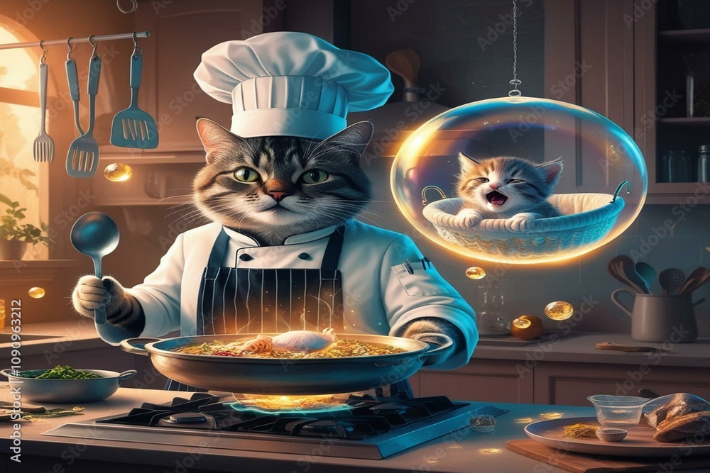 "Surreal Illustration of a Cat Chef Cooking in a Magical Kitchen with ...