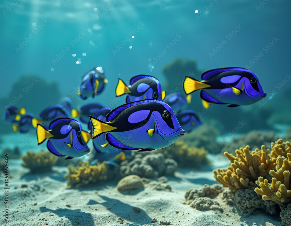 Banco de peces cirujano azul nadando sobre un fondo arenoso en un ...