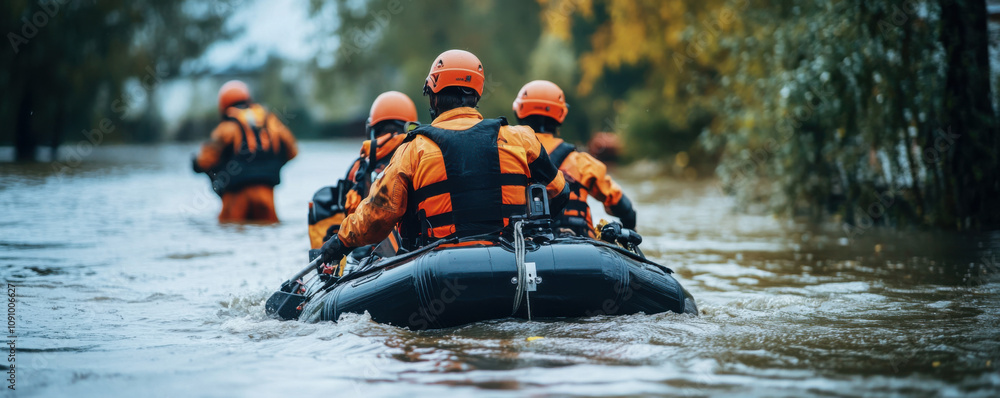 Rescue team navigating floodwaters in inflatable boat, showcasing ...