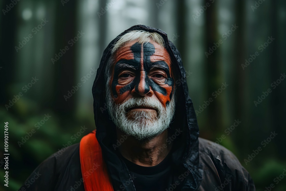 Indigenous elder adorned with traditional face paint and a long white ...