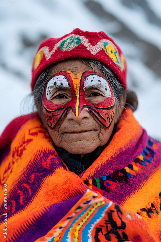 Elderly quechua woman in vibrant traditional clothing and face paint ...