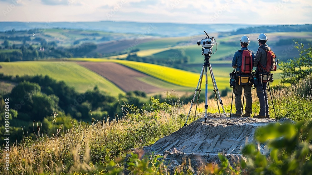 Civil engineering survey team using total stations and GPS tools to map ...