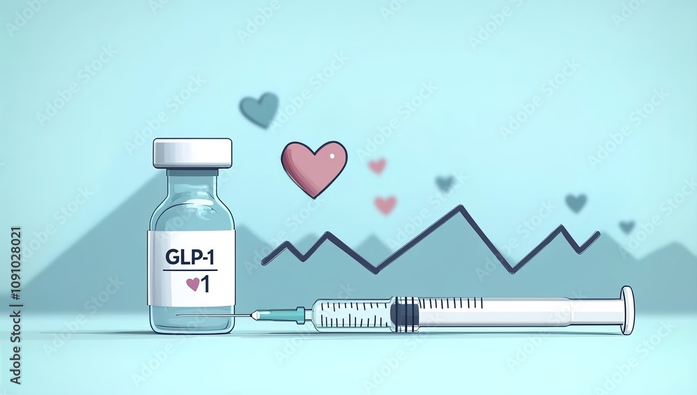 A vial of "GLP-1" on the left, next to a syringe with a needle and ...