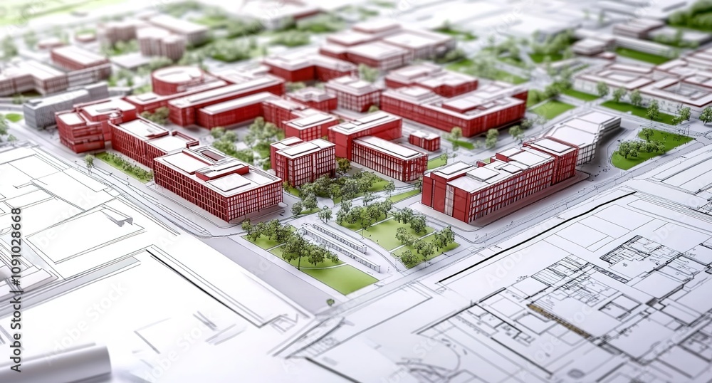 Aerial view of an architectural plan with red buildings and green ...