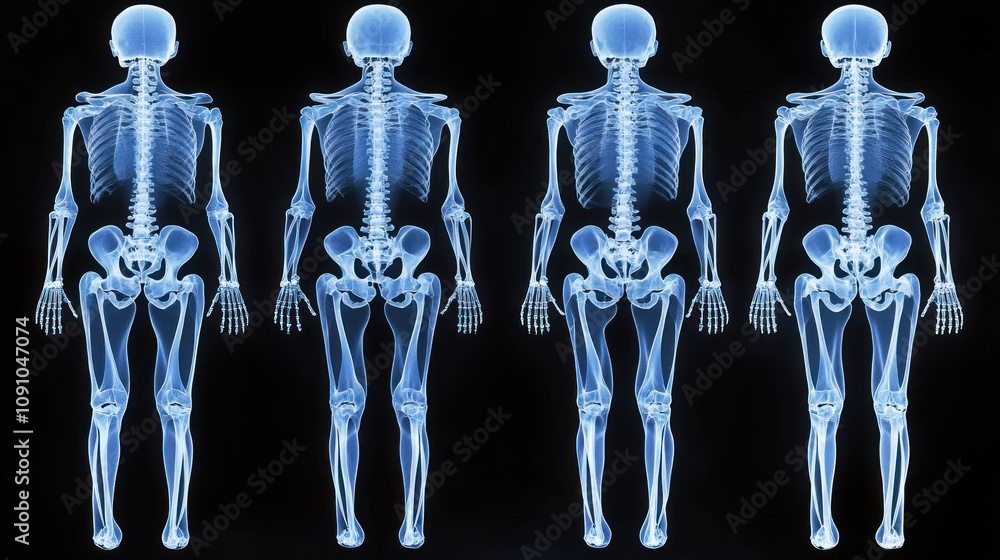 X-ray images of human skeletons from multiple angles for educational ...