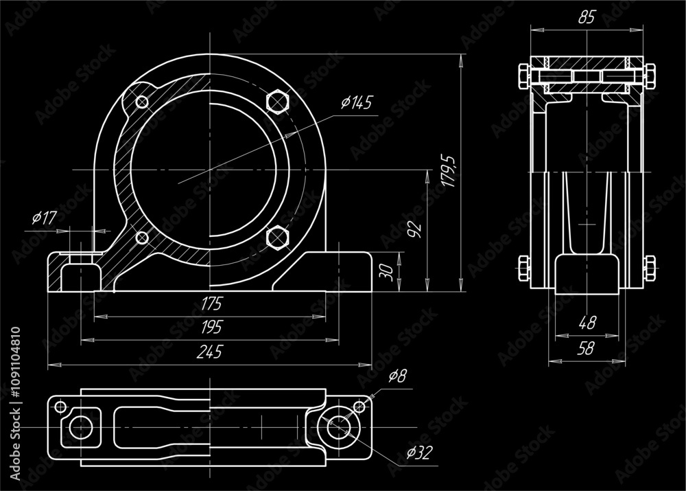 Assembly drawing of electrical reducer. Vector design of steel ...