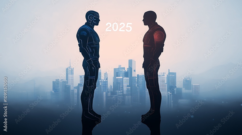 2025 business analytics concept. Two figures, one robotic and one human ...